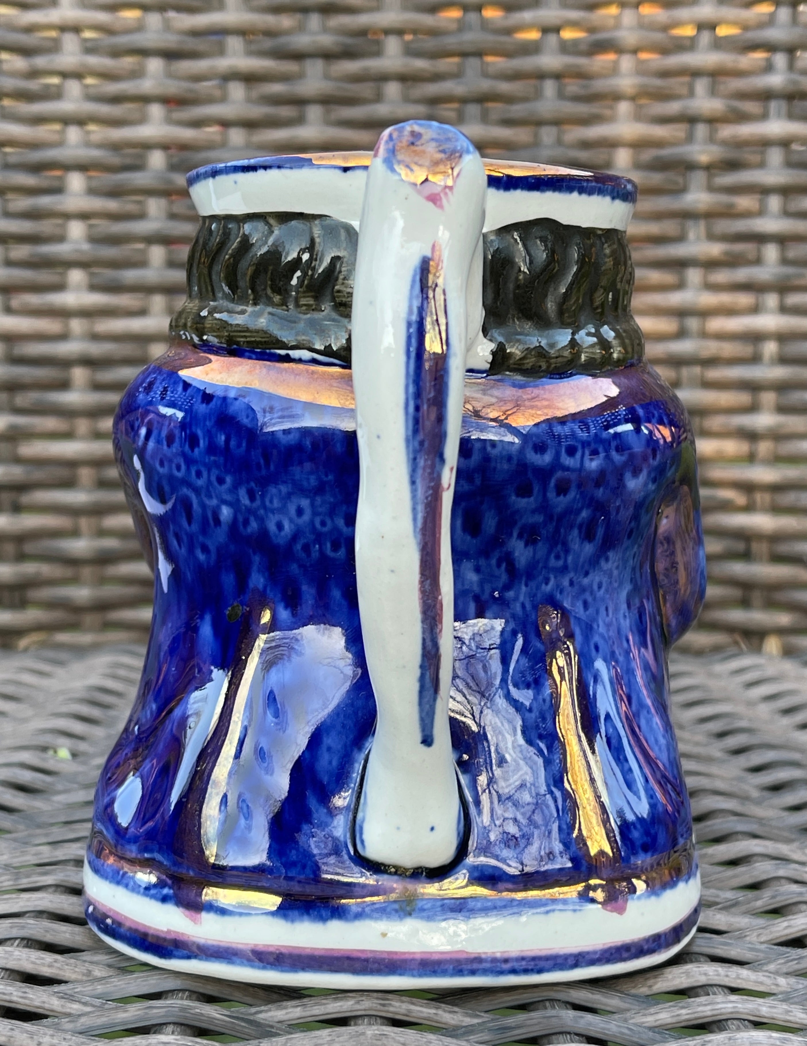 Antique English Staffordshire Copper Lustre Blue Toby Jug Medium