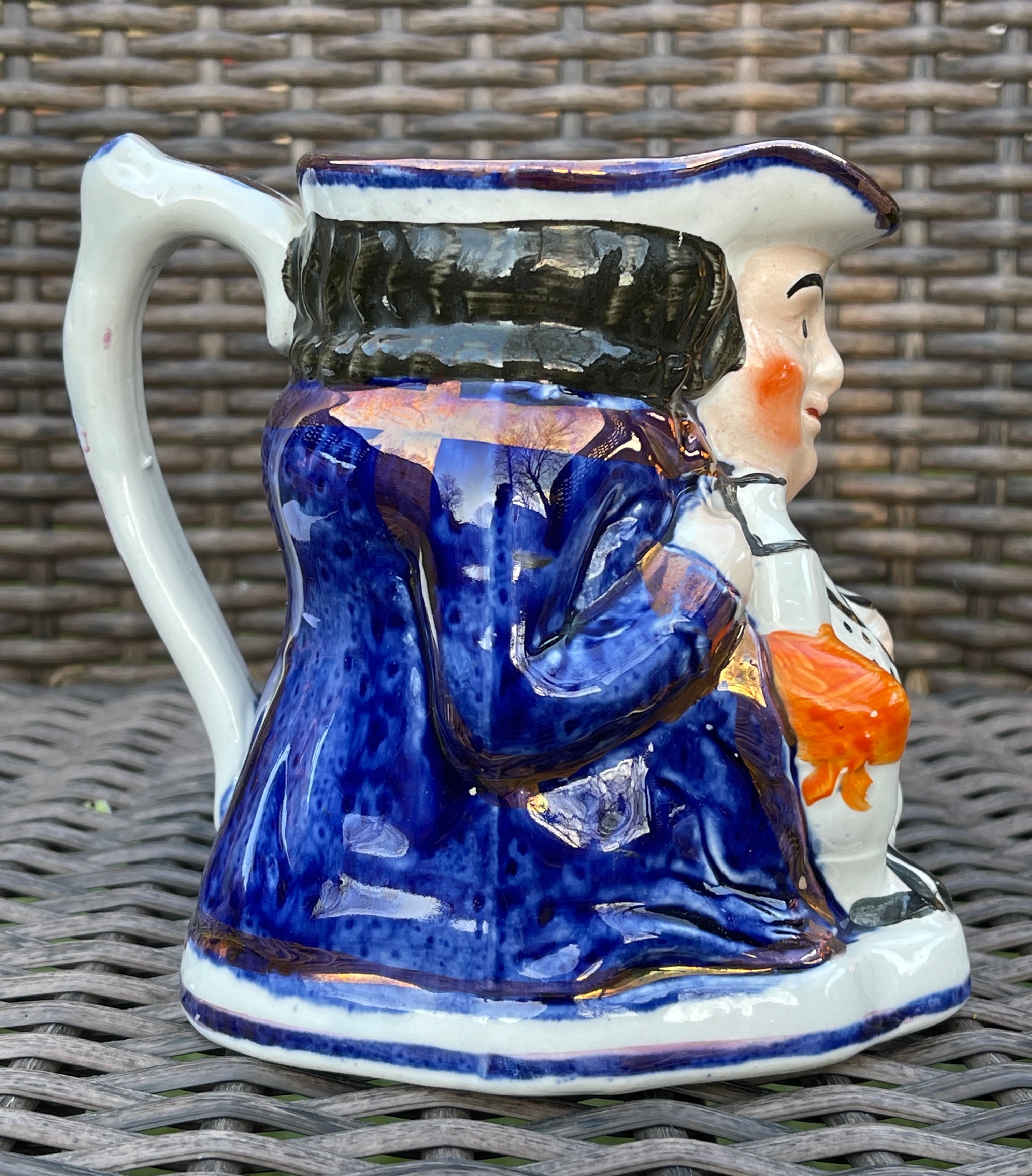 Antique English Staffordshire Copper Lustre Blue Toby Jug Medium