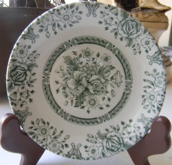 Vintage English Green Transferware Demitasse Cup and Saucer Roses Flow