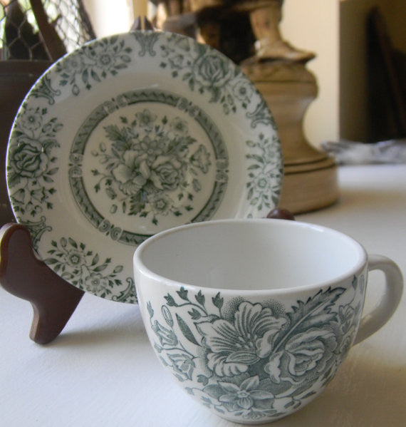 Vintage English Green Transferware Demitasse Cup and Saucer Roses Flow