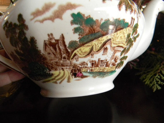 Brown Polychrome Transferware Tea Pot Teapot Olde England Fishing Stre