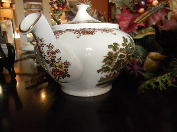 Brown Polychrome Transferware Tea Pot Teapot Olde England Fishing Stre