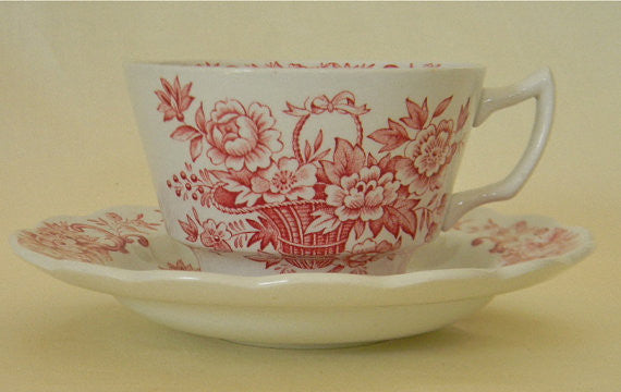 Vintage Red English Transferware Tea Cup and Saucer Victorian Basket o