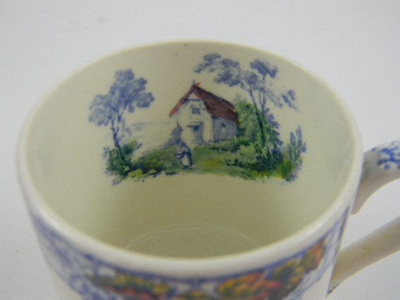 Vintage Demitasse Cup & Saucer - Blue Polychrome Transferware - RARE