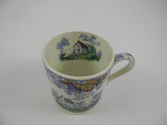 Vintage Demitasse Cup & Saucer - Blue Polychrome Transferware - RARE