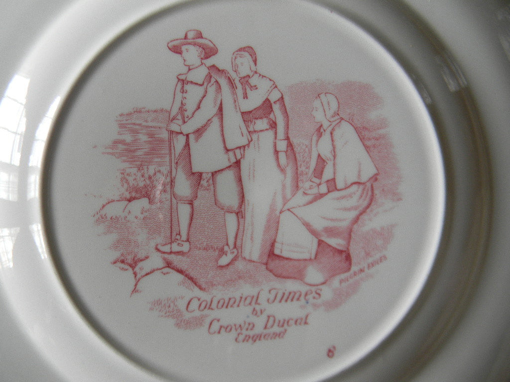 Red / Pink Transferware Plate The First Thanksgiving Colonial Times Am
