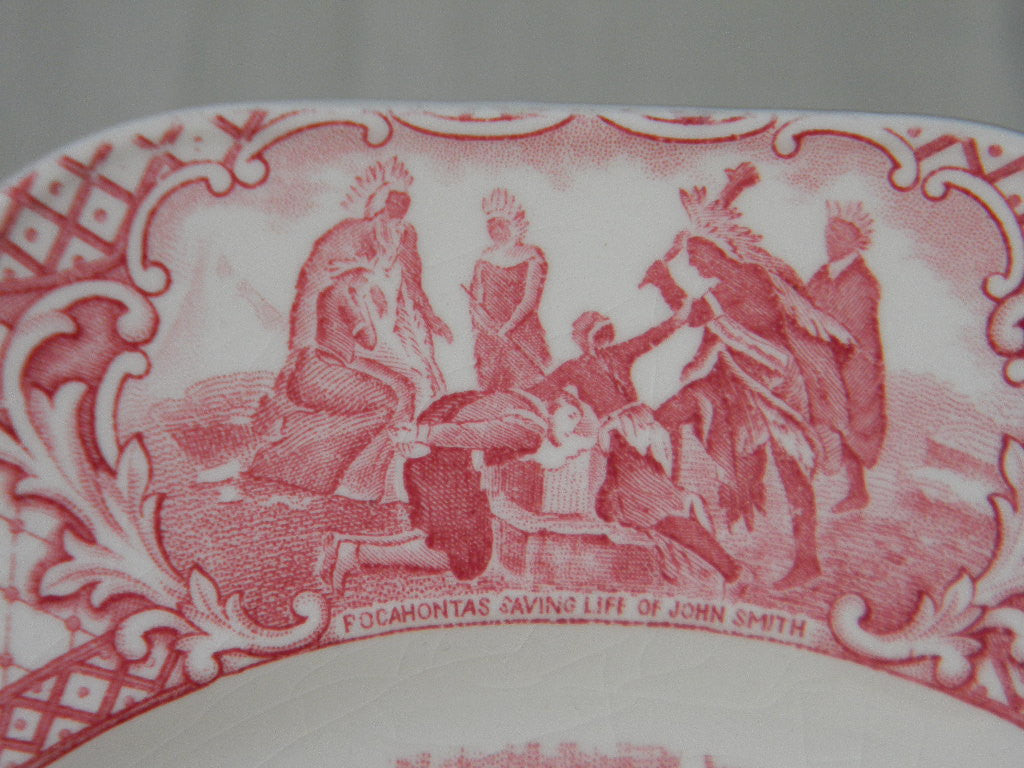 Red / Pink Transferware Plate The First Thanksgiving Colonial Times Am