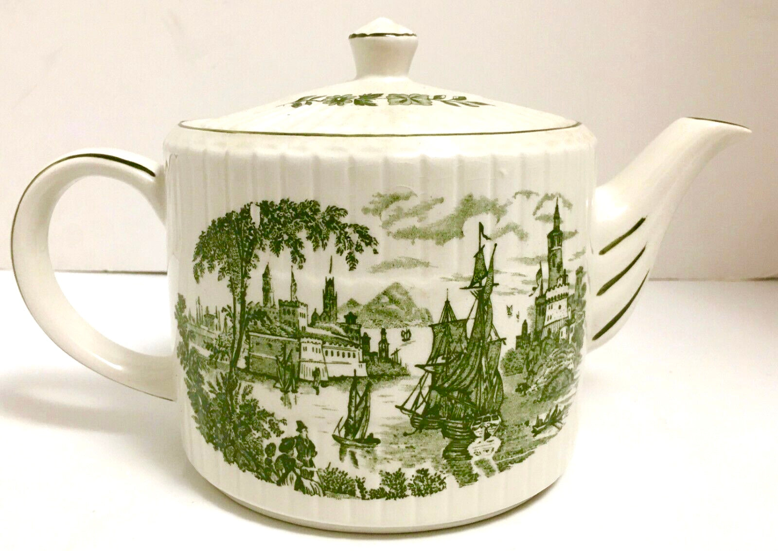 Green Transferware Chinoiserie Teapot Safe Harbour Nautical Ship Scene