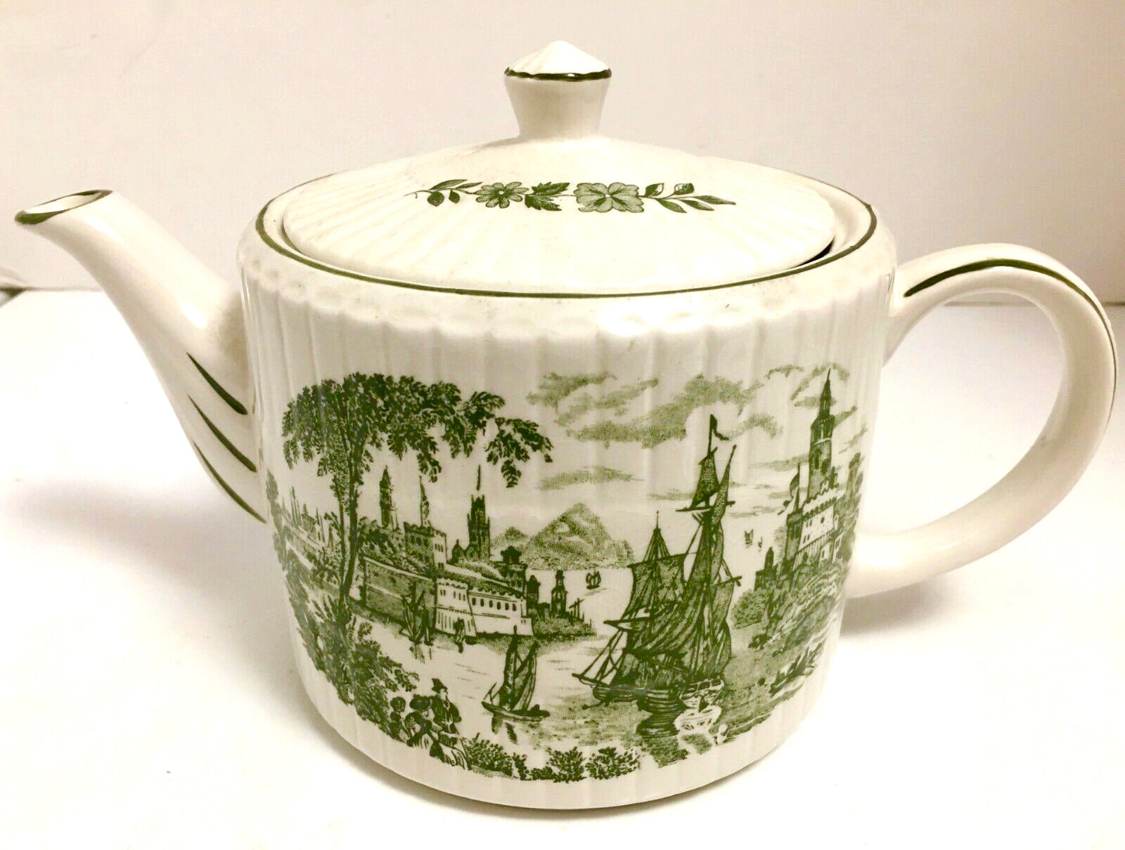 Green Transferware Chinoiserie Teapot Safe Harbour Nautical Ship Scene