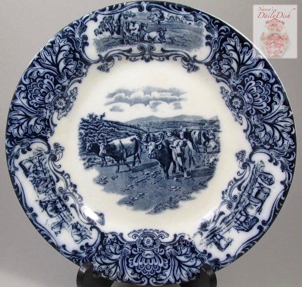 Scenic Cattle Drive Cow Plate Antique Wedgwood Dark Navy Blue Transfer