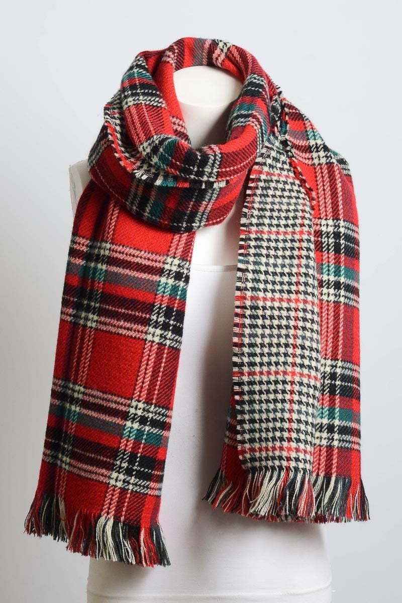 Cream Houndstooth & Plaid Reversible Oversized Table Runner Scarf Shaw