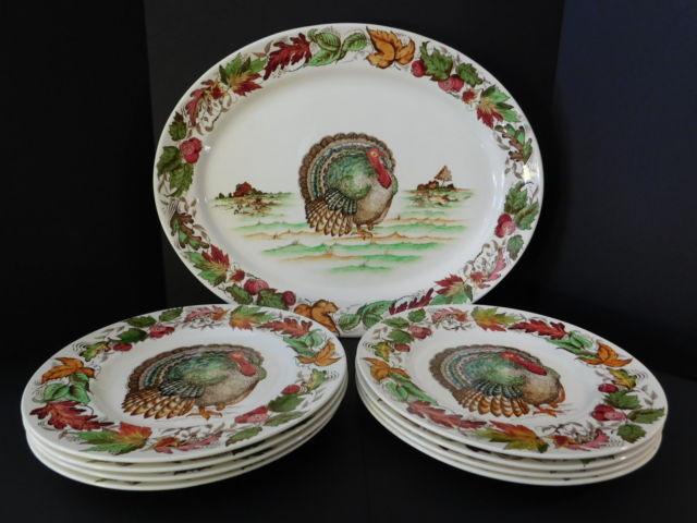 Antique Thanksgiving Turkey Dinnerware Set 8 Brown Transferware Plates ...